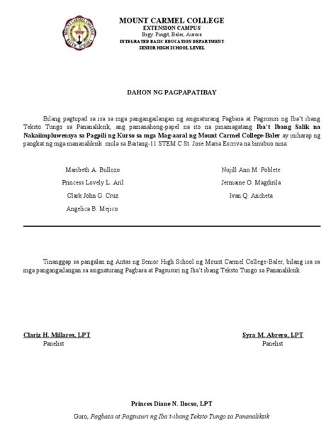 Pamagat Dahon Ng Pagpapatibay Format 1 Pdf