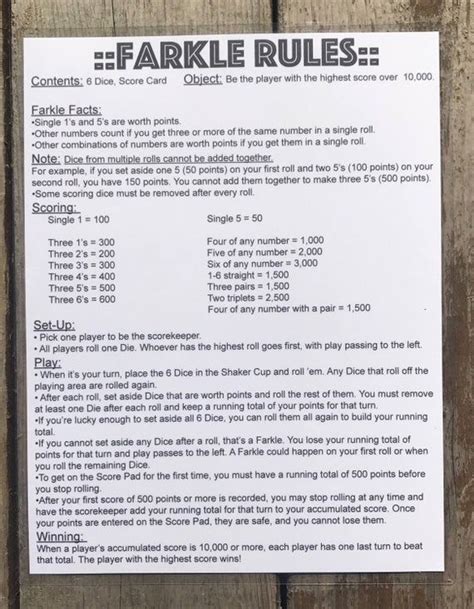 Official Printable Farkle Rules