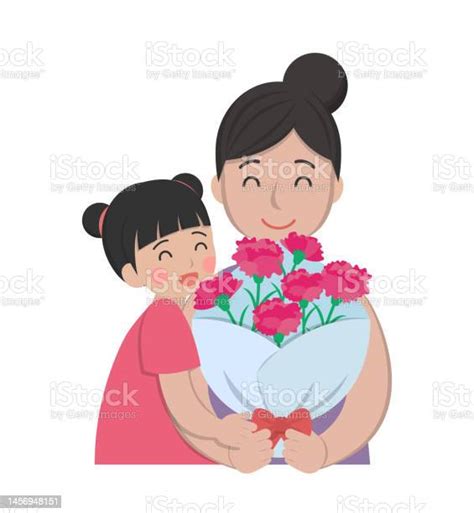 어머니의 날 만화 캐릭터 벡터 일러스트 레이 션 카네이션으로 휴일을 축하하는 어머니와 딸을 위한 카드 가족에 대한 스톡 벡터