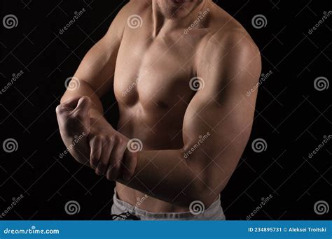 Man Showing Biceps Hands Up Sportsman Showing Muscles ABS Biceps