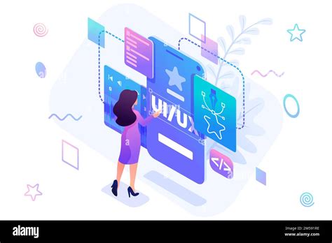 Isometric Concept A Young Woman Creates A Custom Design For A Mobile Application Ui Ux Design