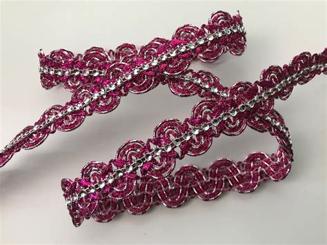 Fuchsia And Silver Metallic Braid Trim With Faux Rhinestones 1 Wide