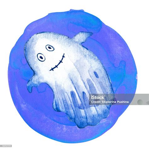 흰색 배경에 고립 된 파란색 원의 쾌활한 유령 수채화 아기 귀여운 만화 스타일 핸드 드로잉 스티커 자석 아이콘에 대한 디자인 행복한 가을 휴가입니다 0명에 대한 스톡 벡터