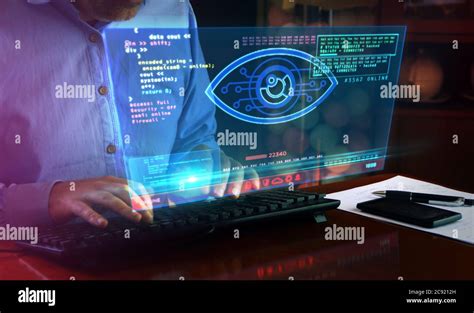 Hacker Spy Attack With Cyber Eye On Computer Screen Hacking Control