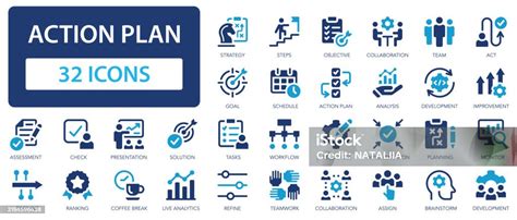 실행 계획 아이콘 모음 비즈니스 운영에서 작업 및 프로세스 계획 계획 일정 전략 분석 작업 목표 협업 간단한 플랫 벡터 아이콘입니다 아이콘에 대한 스톡 벡터 아트 및 기타