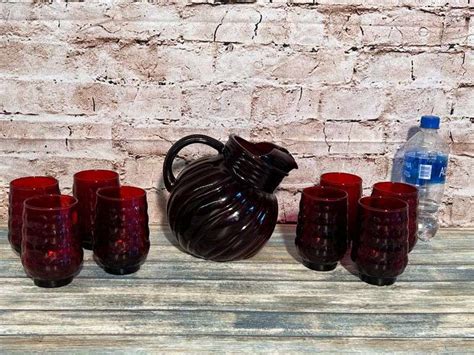 Vintage Royal Ruby Anchor Hocking Pitcher And 6 1940s Ruby Red Bubble