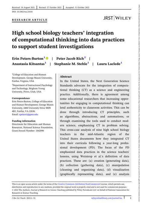 Pdf High School Biology Teachers Integration Of Computational