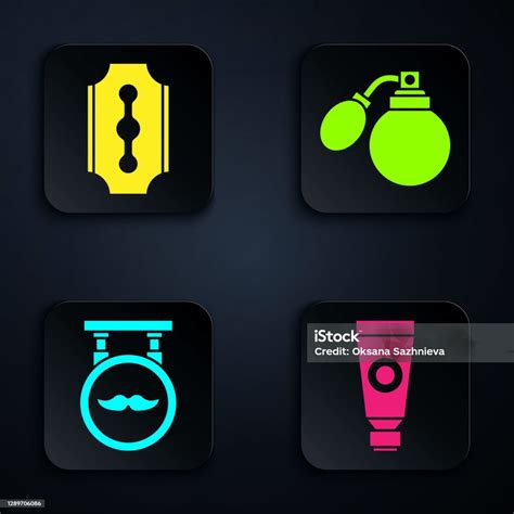 크림 또는 로션 화장품 튜브 블레이드 면도기 이발소 및 후면도 병을 분무기로 설정합니다 검은 색 사각형 버튼 벡터 가장자리에