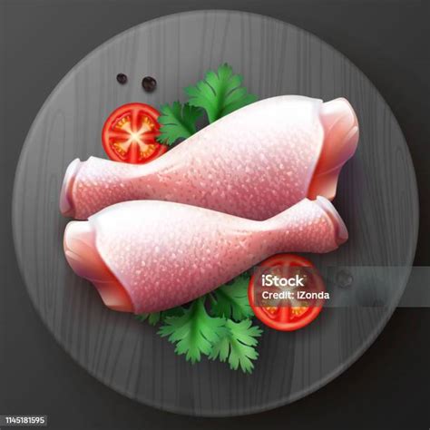 벡터 일러스트 레이 션 둥근 나무 블랙 커팅 보드에 후추 토마토와 파 슬 리와 함께 두 개의 원시 치킨 다리 가금류에 대한 스톡 벡터 아트 및 기타 이미지 Istock