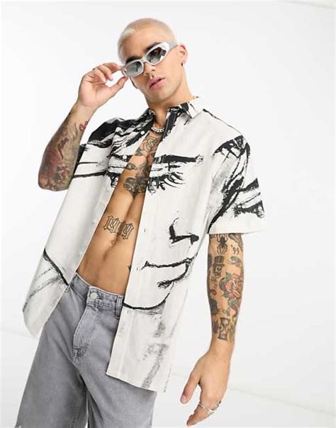 Asos Design Chemise Décontractée En Lin Mélangé Imprimé Visage Asos
