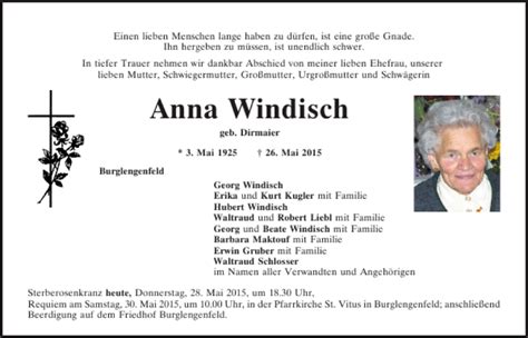 Traueranzeigen Von Anna Windisch Mittelbayerische Trauer