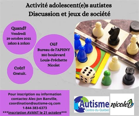 Activité pour adolescent e s autistes h à h Autisme Centre du Québec