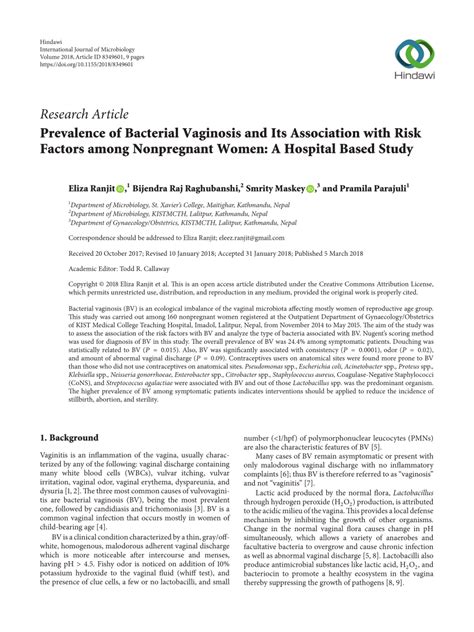 Pdf Prevalence Of Bacterial Vaginosis And Its Association With Risk