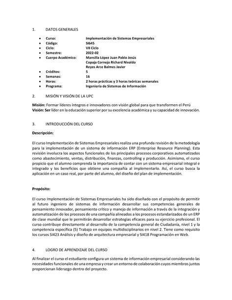 Si645 Implementación De Sistemas Empresariales 202202 1 Datos Generales Curso