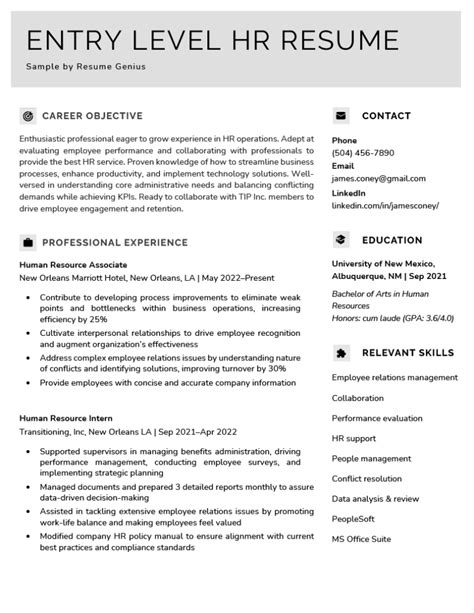 Entry Level Hr Resume Sample And Template Free Download