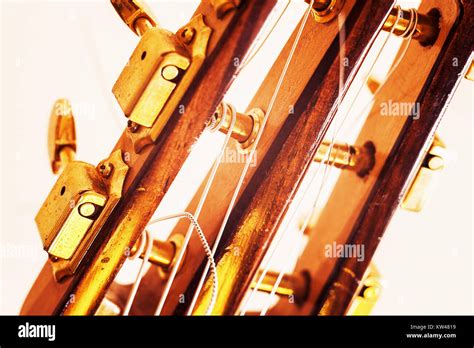 Closeup View Of Gypsy Acoustic Guitar Strings And Wooden Structure Details Stock Photo Alamy