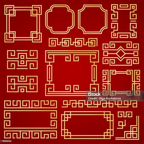 중국 국경 전통적인 동양 패턴의 황금 아시아 프레임입니다 일본어 한국 새해 빈티지 요소 벡터 장식 세트 깔개에 대한 스톡 벡터 아트 및 기타 이미지 Istock