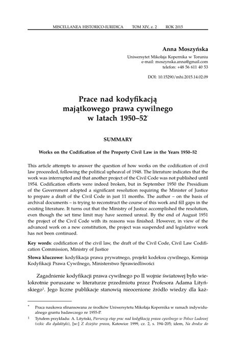 PDF Prace nad kodyfikacją majątkowego prawa cywilnego w latach 195052