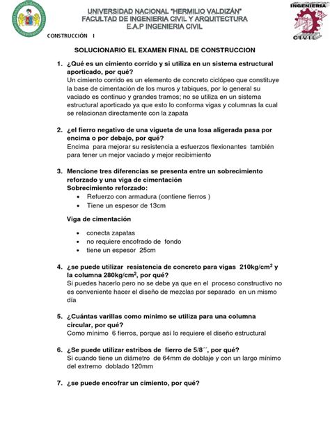Solucion Del Examen Final De Construccion I Pdf Fundación Ingeniería Ingeniería De