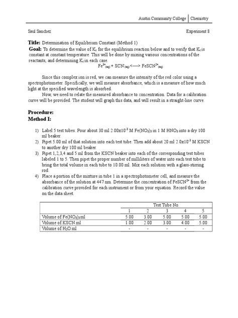 Pre Lab 3 Pdf Spectrophotometry Chemical Equilibrium