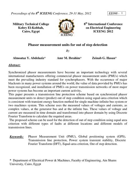 Pdf Phasor Measurement Units For Out Of Step Detection
