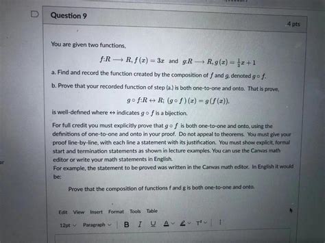 solved question 9 4 pts you are given two functions f r