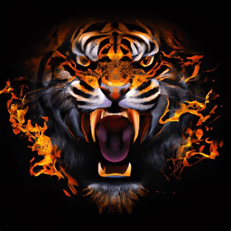 Epic Growling Tiger Face Portrait Surrounded By Flames Over Black