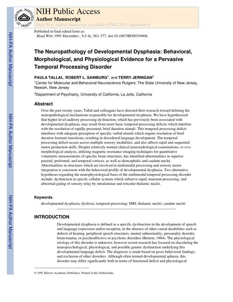 Pdf The Neuropathology Of Developmental Dysphasia Behavioral