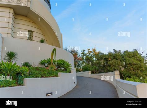 Serene Curved Pathway At Griffith Observatory Lined With Vibrant