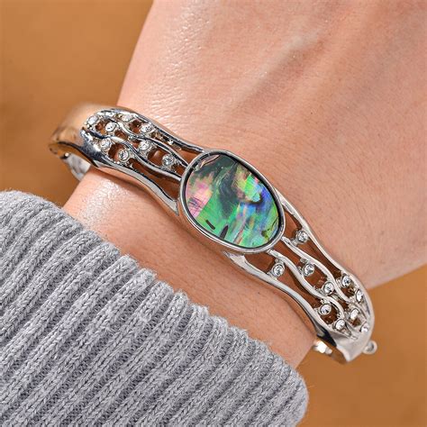 Designer Inspired Abalone Shell White Crystal Wave Bangle Size 75 In Silvertone 7811848 Tjc