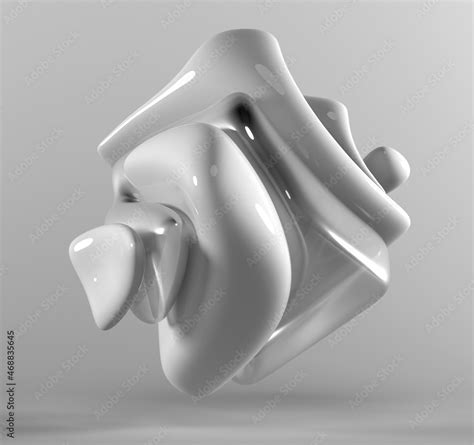 D Render Monochrome Black And White Abstract Art With Surreal Flying Cube Sculpture In Curve