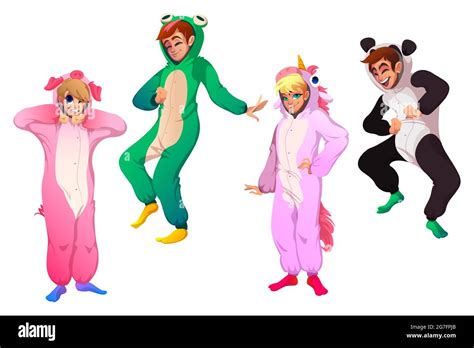 Figuren In Tierkostümen Menschen In Kigurumi Auf Schlafanzug Party Vektor Cartoon Set Von