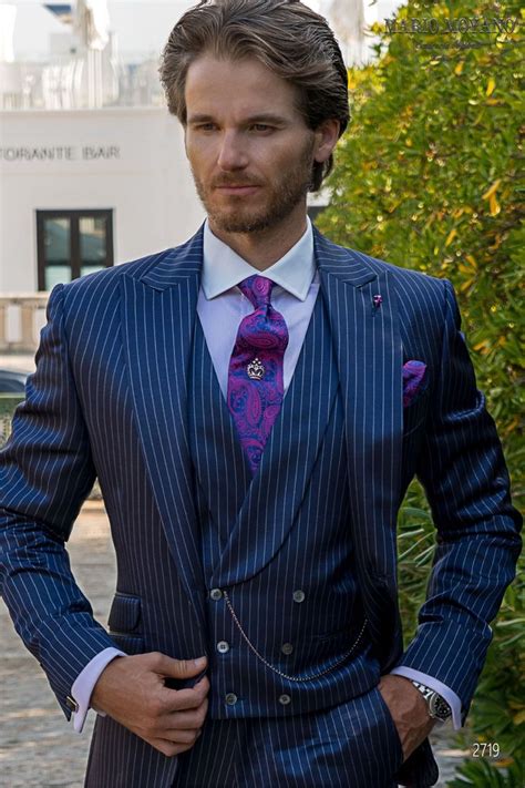 Men S Bespoke Pure Wool Blue Pinstripe Wedding Suit Model 2719 Mario