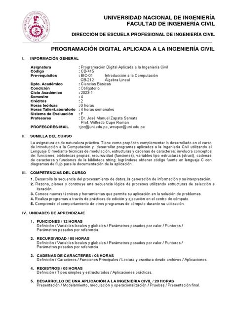 Silabo Programacion Digital Aplicada A La Ingenieria Civil Versión 1 2023 1 Pdf Ingeniería