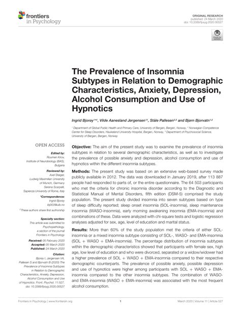 Pdf The Prevalence Of Insomnia Subtypes In Relation To Demographic