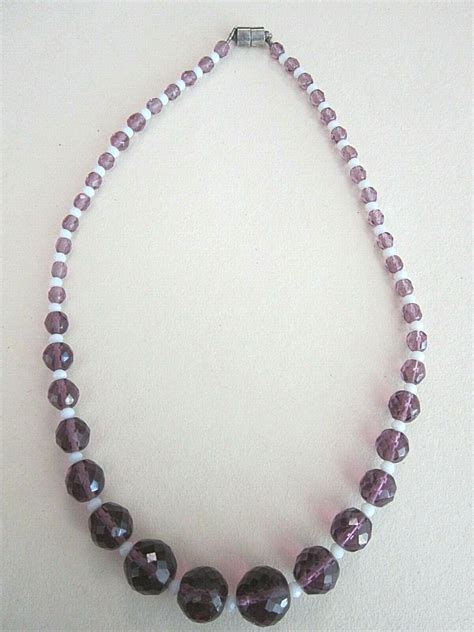 Vintage Purple Crystal Milk Glass Bead Necklace 20 L Gem