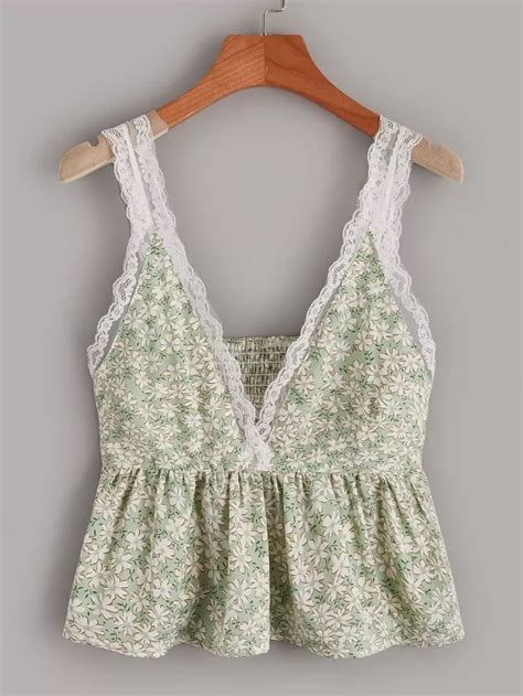 Ditsy Floral Contrast Lace Shirred Cami Top Pretty Outfits Cute