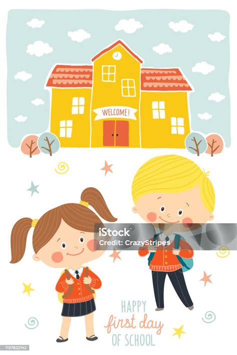 학교 카드 디자인의 행복 첫날 아 이들은 학교에 간다 학교에서 웃는 소년과 소녀를 위한 백팩과의 유니폼 학교 건물 외관입니다 평면 스타일에서 만화 벡터 일러스트 레이