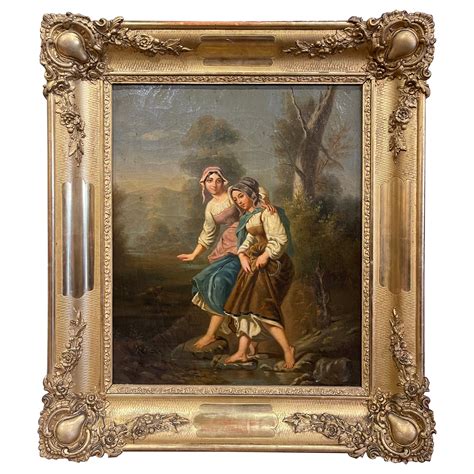 Óleo Sobre Lienzo Pastoral Luis Xvi Del Siglo Xix En Marco Dorado