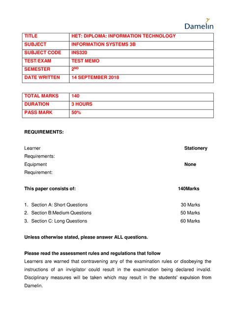 Information Systems B Test Memo TITLE HET DIPLOMA INFORMATION TECHNOLOGY SUBJECT