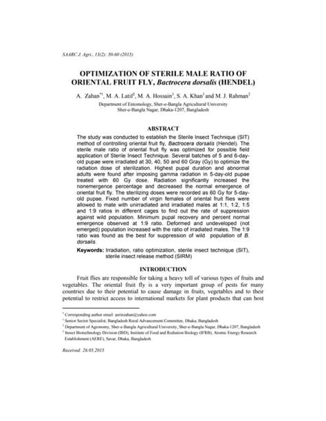 Optimization Of Sterile Male Ratio Of Oriental Fruit Fly Bactrocera