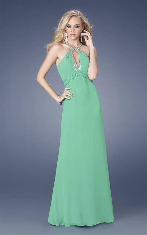 Green Cross Halter Open Back Sweep Train Column Floor Length Evening