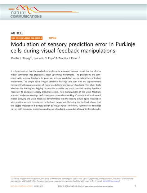 Pdf Modulation Of Sensory Prediction Error In Purkinje Cells During Visual Feedback Manipulations