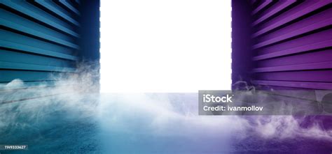 연기 네온 레이저 형광 보라색 파란색 미래 차고 쇼 룸 터널 복도 콘크리트 금속 그런 지 반사 빈 공간 화이트 글로우 쇼케이스 무대 지하철 입구 3d 렌더링 0명에 대한