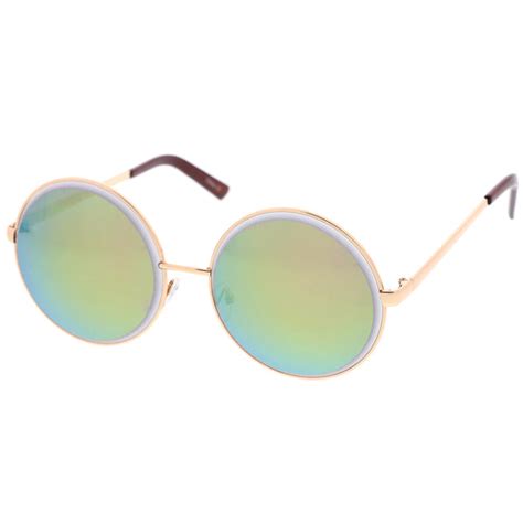 Oversize Metal Frame Etched Edge Colored Mirror Lens Round Sunglasses