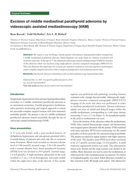 Pdf Excision Of Middle Mediastinal Parathyroid Adenoma By Videoscopic