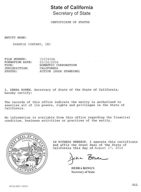 California Certificate Of Status
