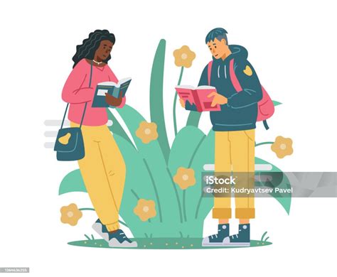 흑인 여학생이 서서 책을 읽고 그녀의 백인 친구 학생도 독자 평면 벡터 일러스트입니다 고등학교에 대한 스톡 벡터 아트 및 기타