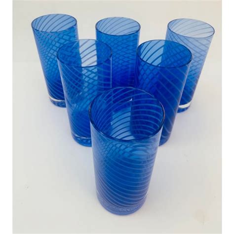 Cobalt Blue Drinking Glasses Set Of 6 Spiral Italian Tumblers 1980s