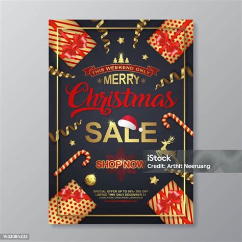 크리스마스 판매 포스터 디자인 서식 파일 타이포그래피 크리스마스 트리 산타 모자 프레임 매달린 별 공과 리본 장식 배너 웹 및 카드 벡터 일러스트 레이 션 소매 소비자주의에